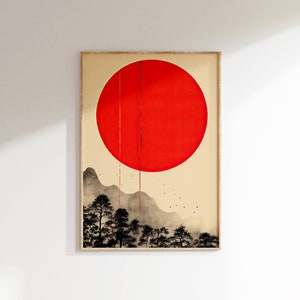 Japanese Red Sun Poster, Japan Vintage Style Wall Art, Watercolor ...