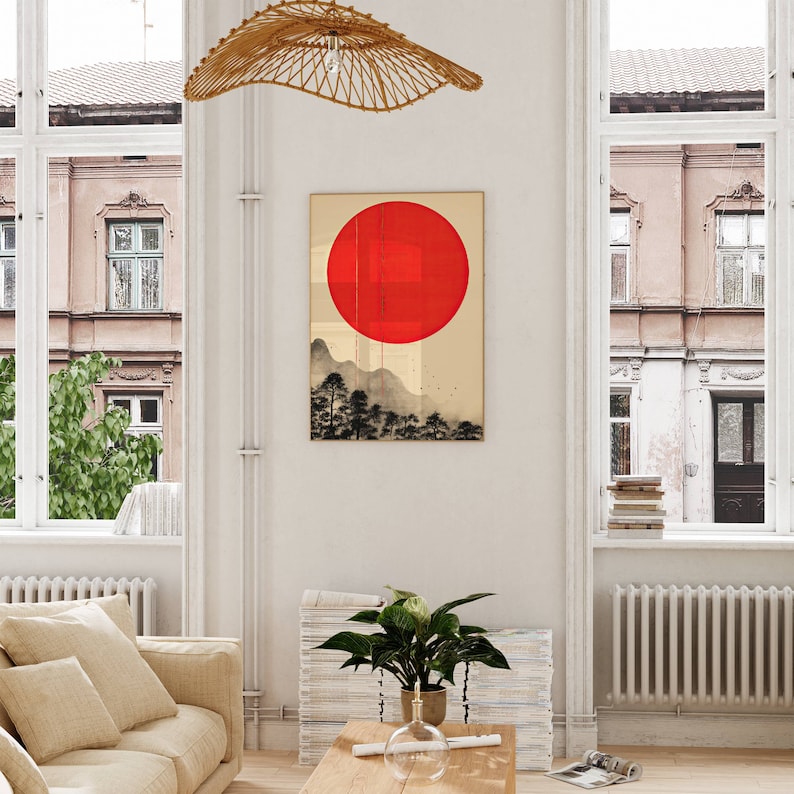 Japanese Red Sun Poster, Japan Vintage Style Wall Art, Watercolor ...