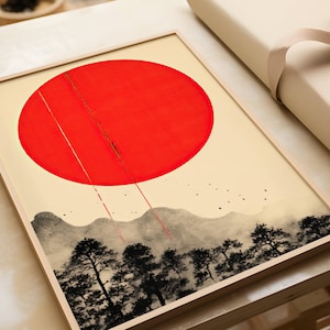 Japanese Red Sun Poster, Japan Vintage Style Wall Art, Watercolor ...