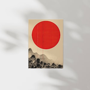 Japanese Red Sun Poster, Japan Vintage Style Wall Art, Watercolor ...