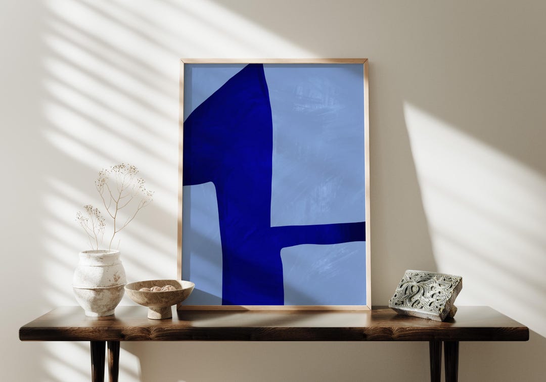 Modern Japandi Blue Tones Wall Art, Trendy Blue Digital Artwork ...