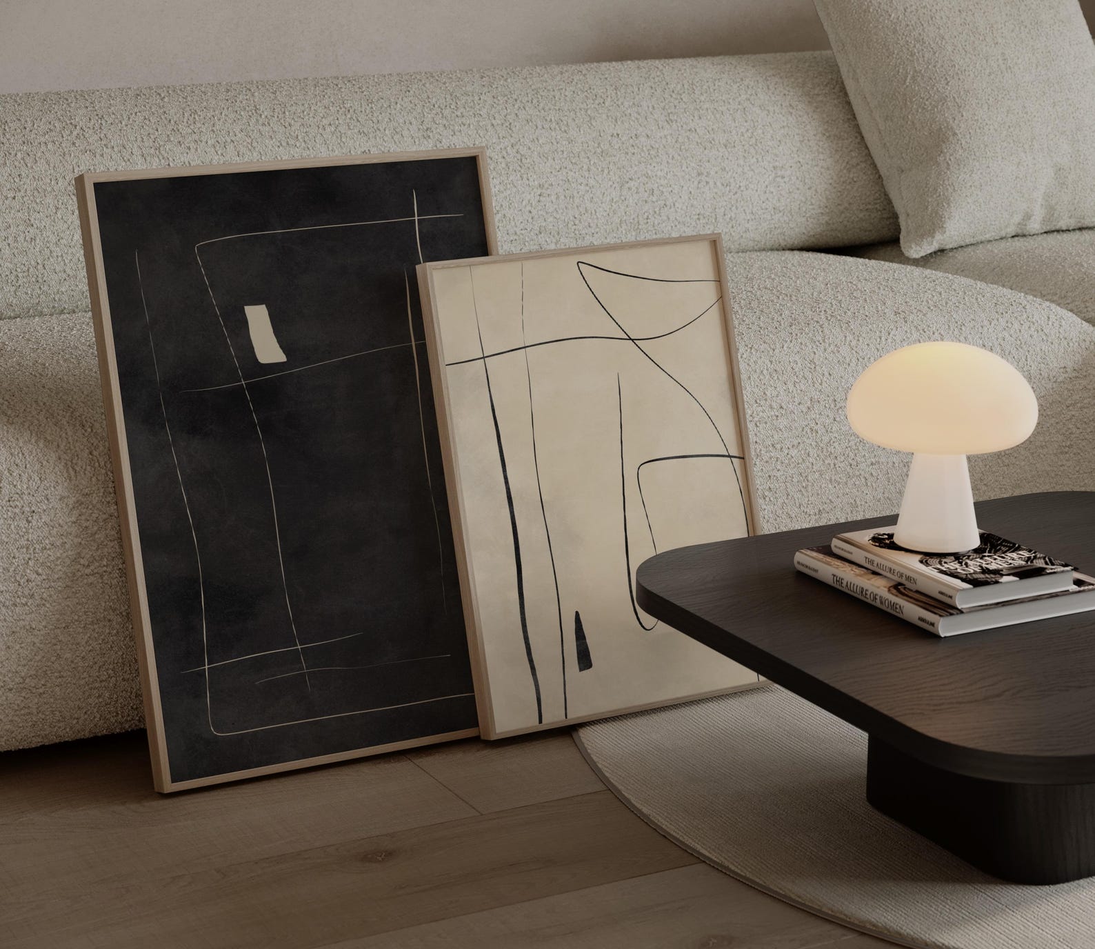 Black Beige Contrast Wall Art Set of 2, Simple Modern Organic 2 Pieces ...