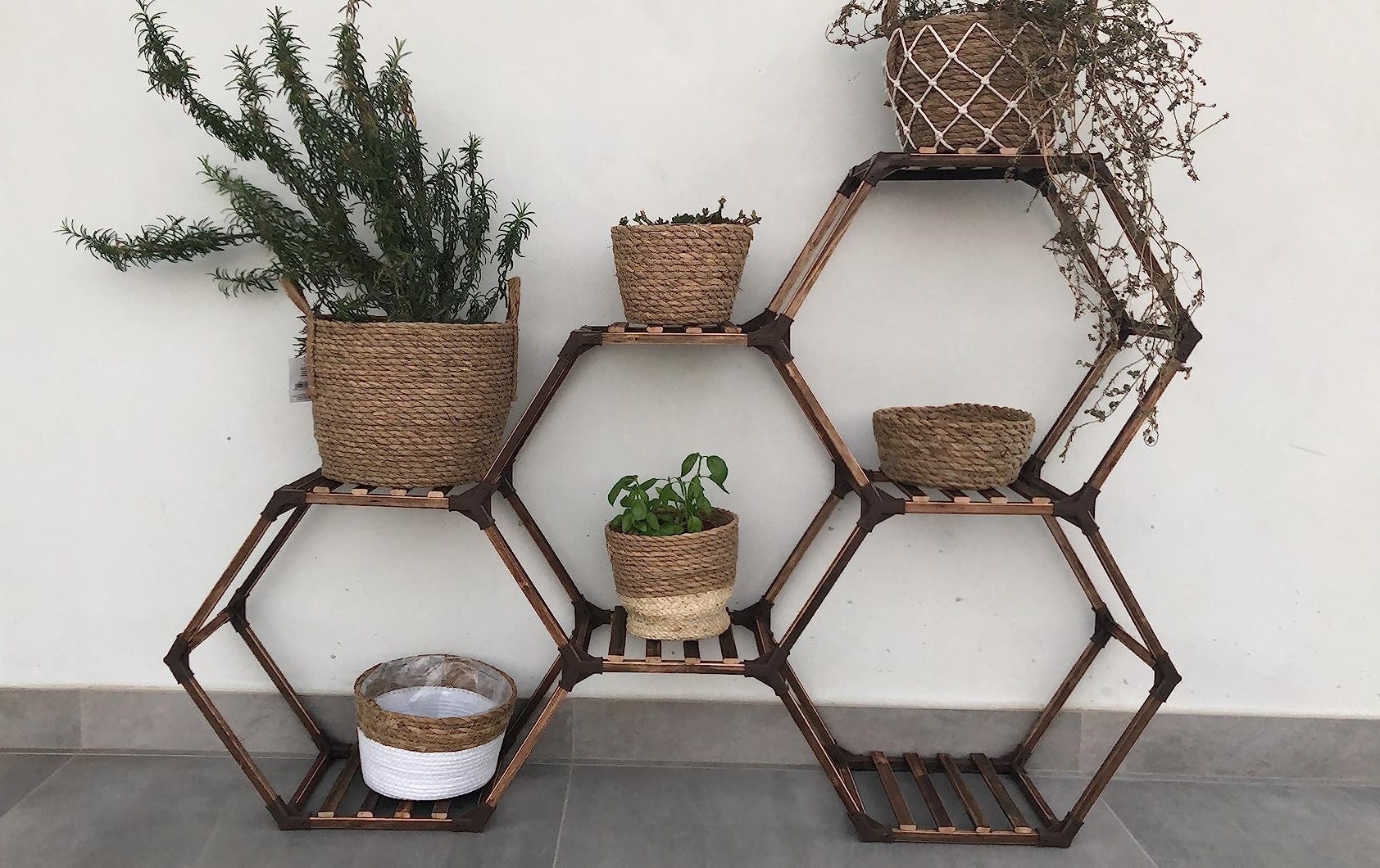 Transformable Hexagonal Plant Stand 7-tier Wooden Indoor Outdoor Shelf ...