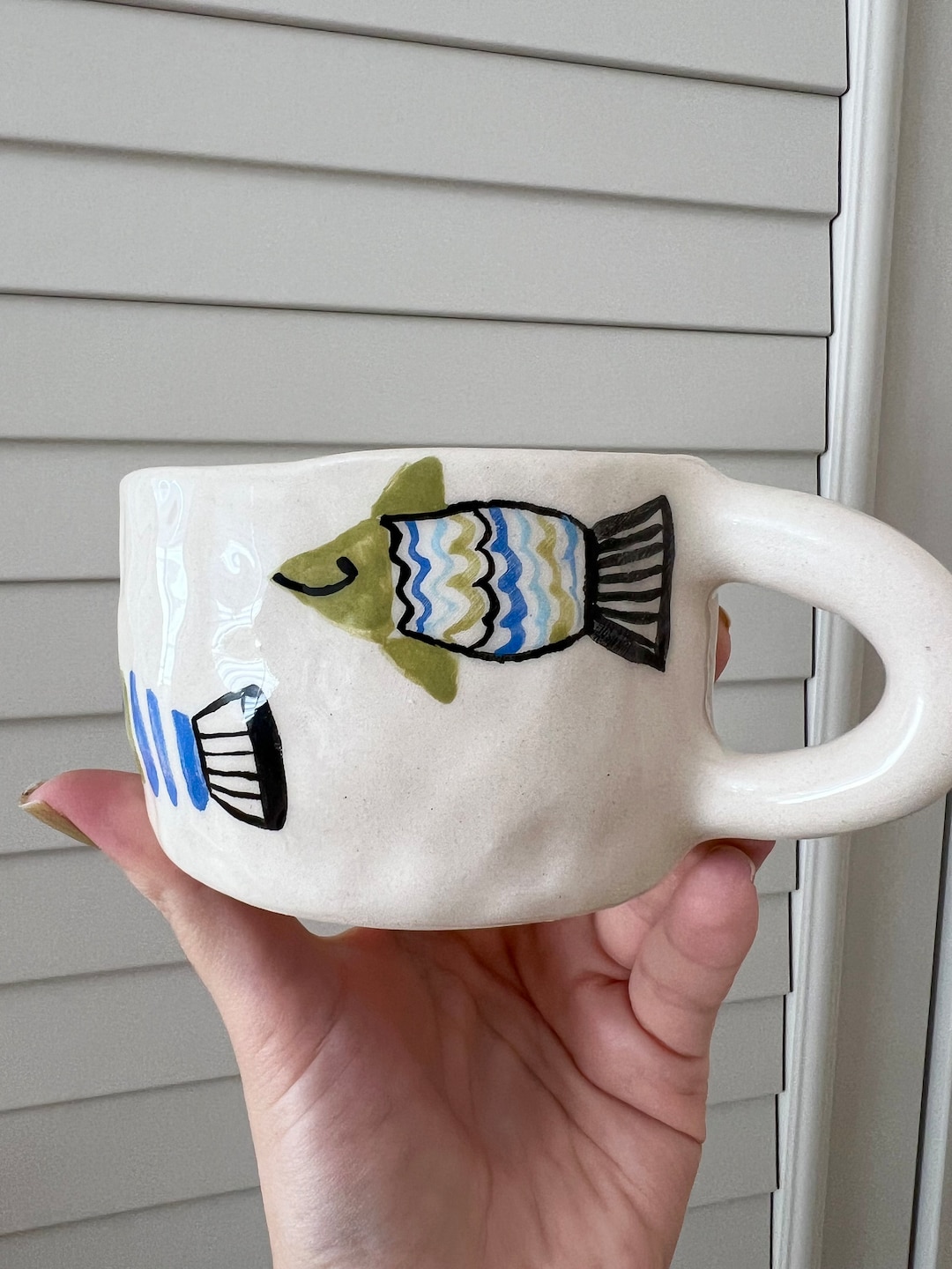 Handpainted Pottery Mug With Fish, Cute Fish Ceramic Mug, Aesthetic Cup ...