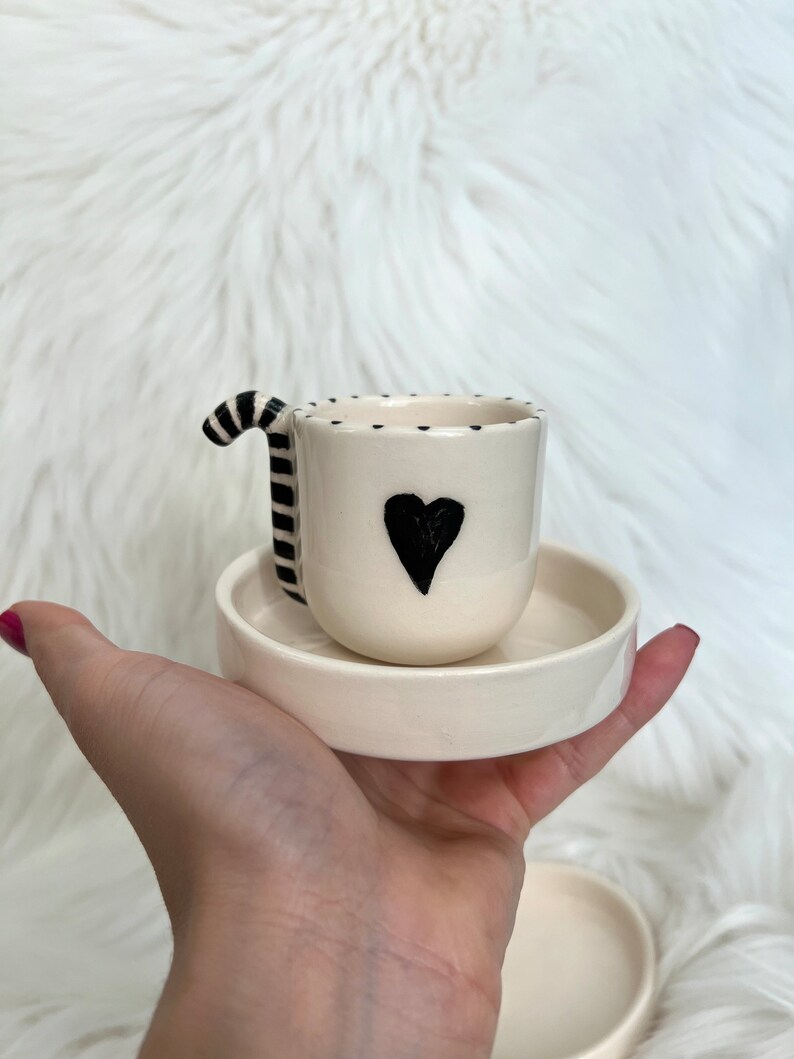 Cute Cane Handle Turkish Coffee Cup Set With Black Heart, Handmade ...