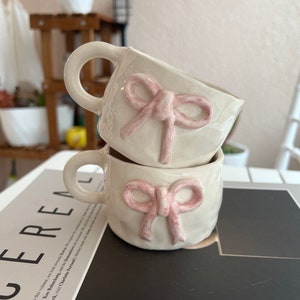 Pink Bow Mug, Coffee , Handmade Ceramics Special Mug, Mugs, 3D , Pink ...