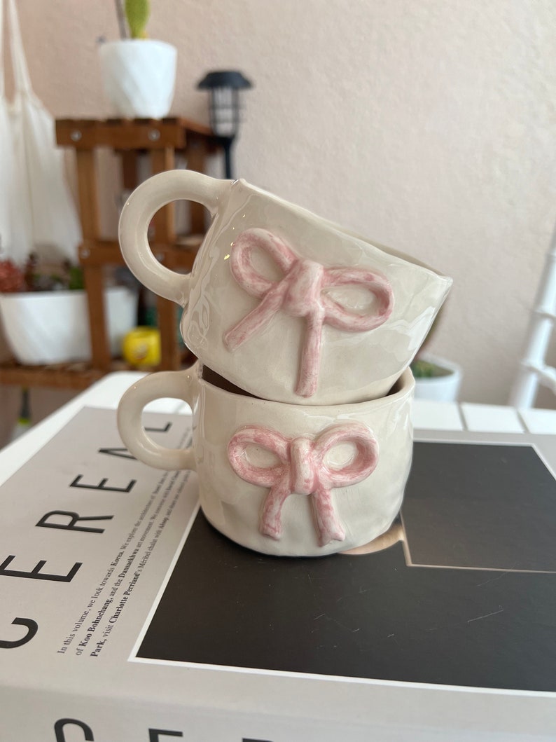 Pink Bow Mug, Coffee , Handmade Ceramics Special Mug, Mugs, 3D , Pink ...