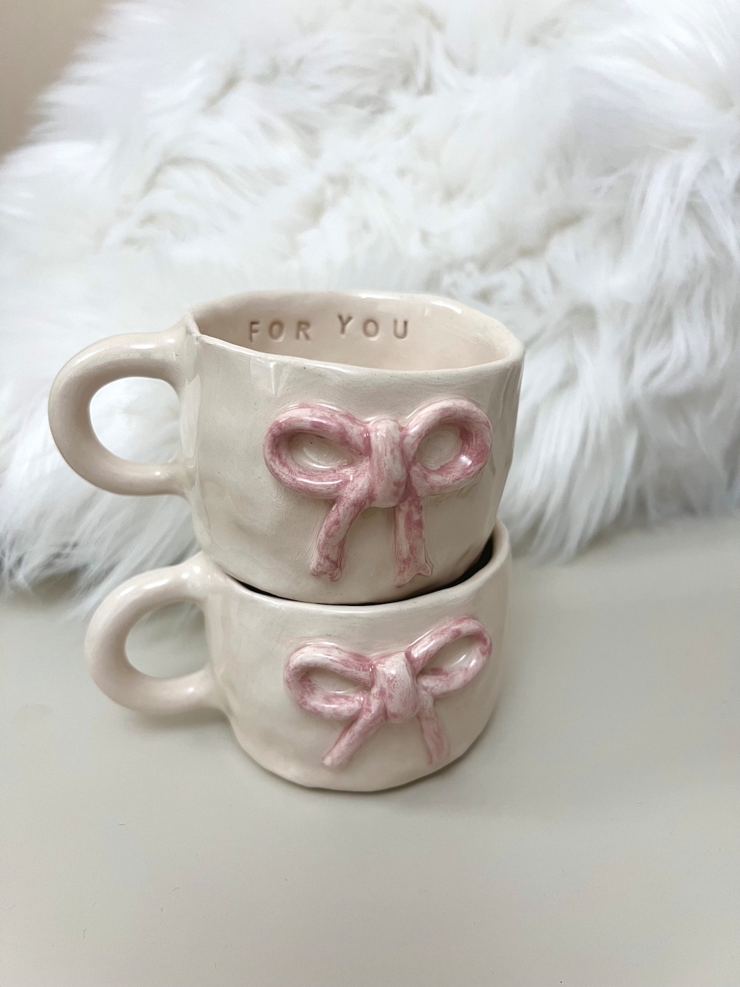 Pink Bow Mug, Coffee , Handmade Ceramics Special Mug, Mugs, 3D , Pink ...