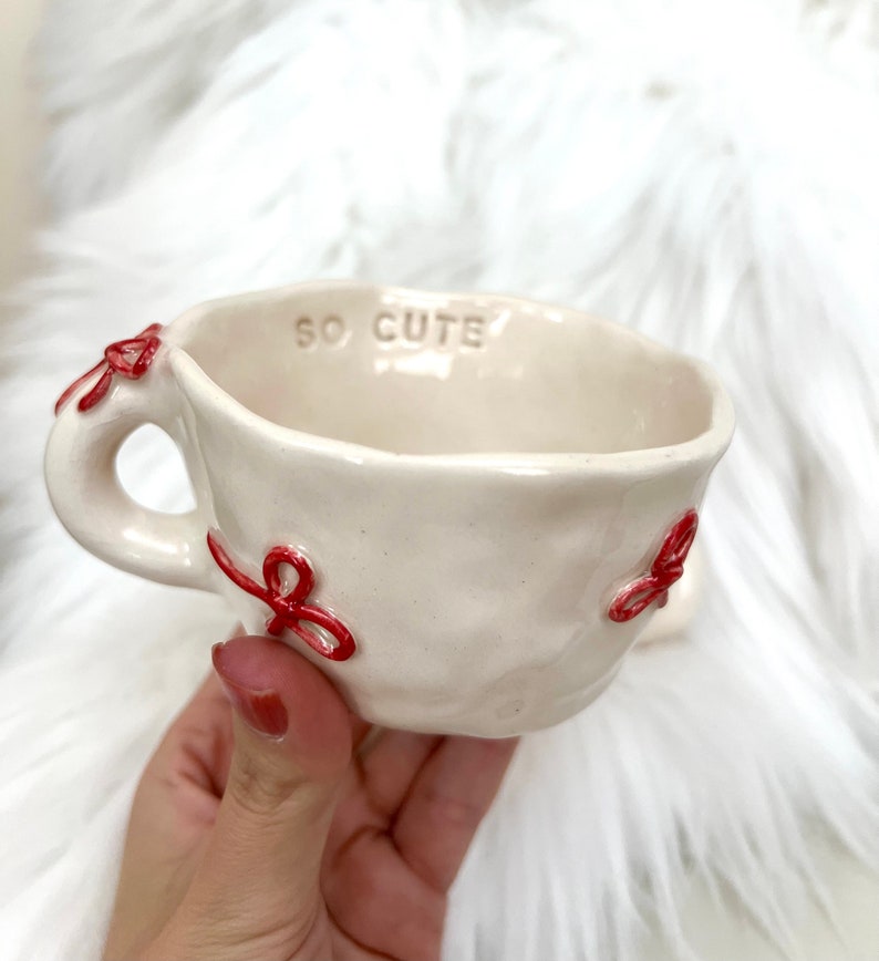 Red Ribbon Mug, Red Bow Cups, Coffee , Handmade Ceramics Special Mug ...
