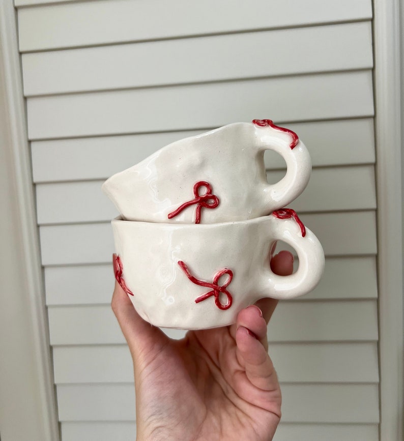 Red Ribbon Mug, Red Bow Cups, Coffee , Handmade Ceramics Special Mug ...