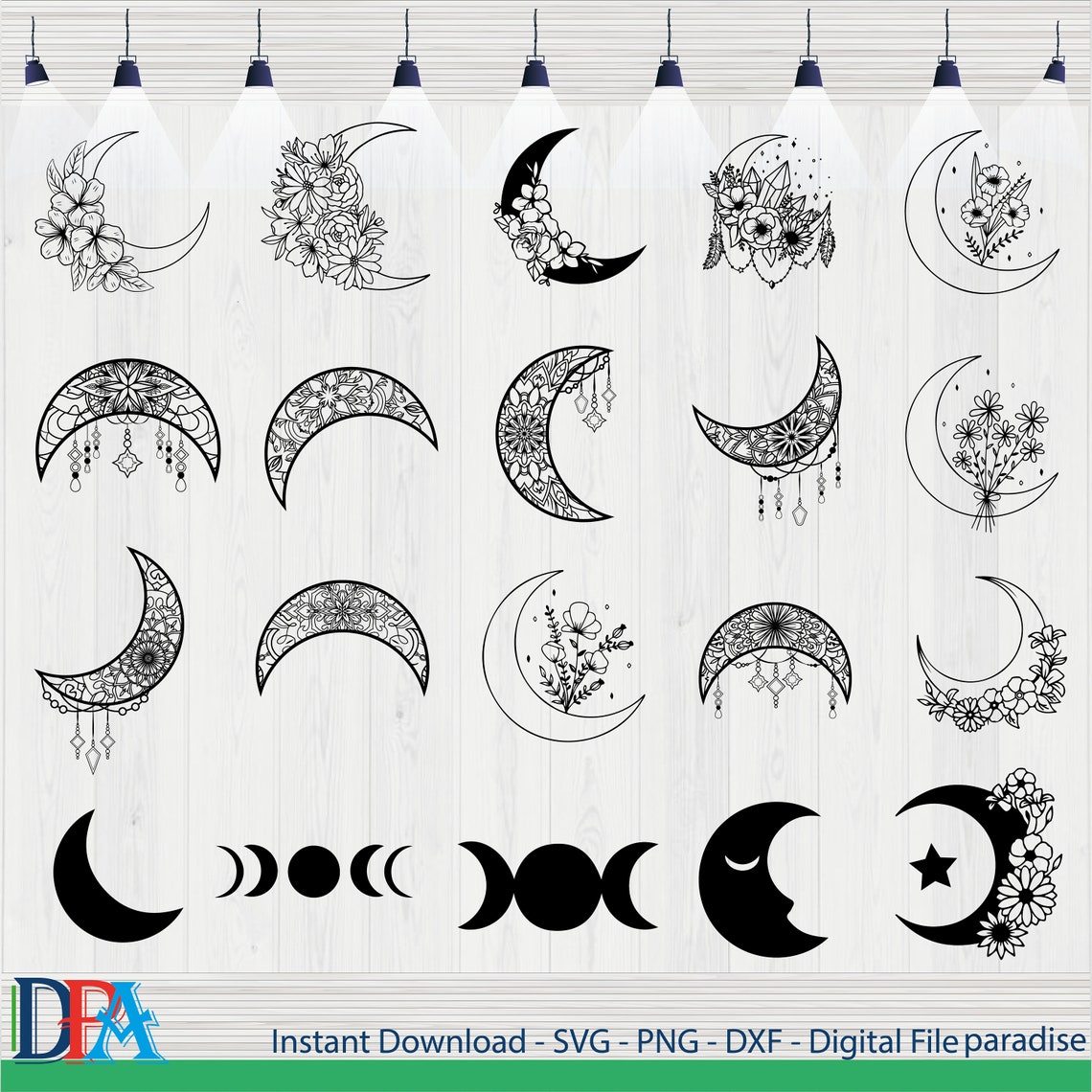 Moon Flowers Svg File, Floral Moon Svg, Dreams Svg, Moon With Flowers ...
