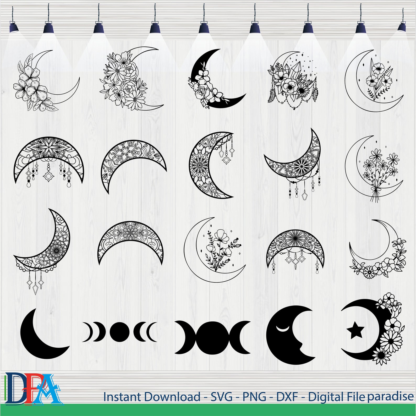 Moon Flowers Svg File, Floral Moon Svg, Dreams Svg, Moon With Flowers ...