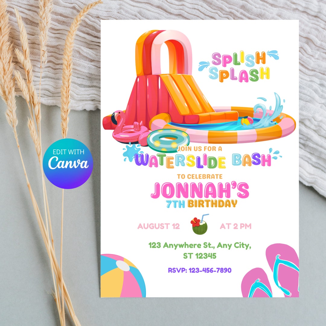 Waterslide Birthday Invitation - Boy or Girl Splash Party Editable BLUE ...