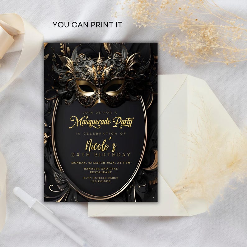 Editable Masquerade Ball Invitation Template - Masquerade Party Invite ...