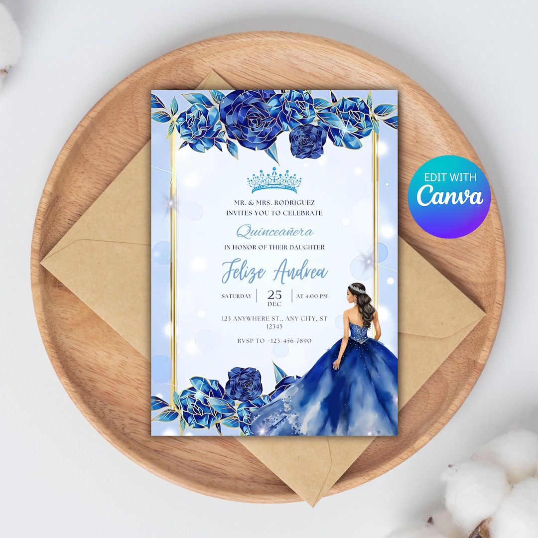 Editable Royal Blue Quinceanera Invitation - Spanish Quinceanera ...