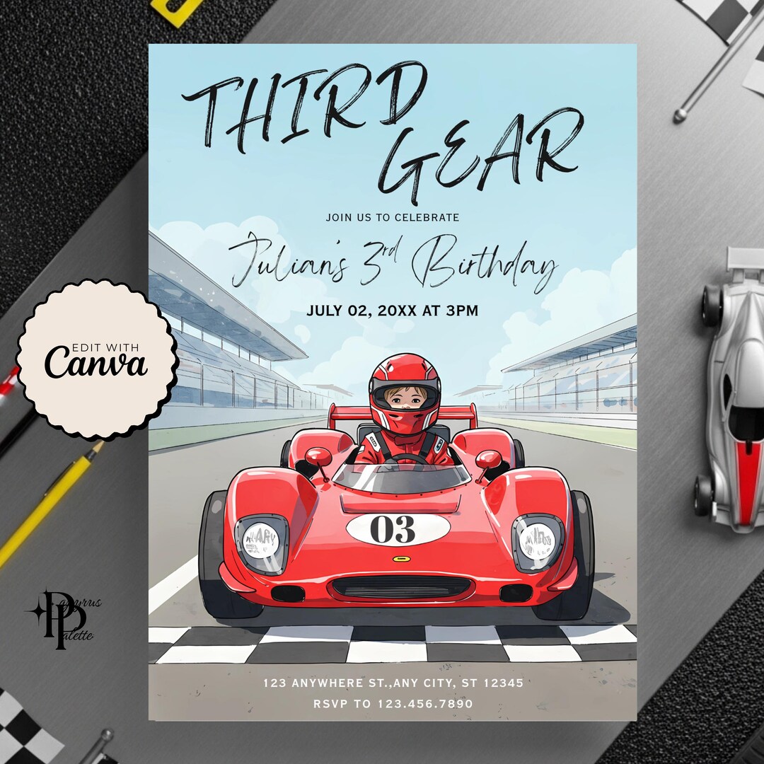 Third Gear Invite, Third Gear Birthday Invitation, Race Car 3rd ...