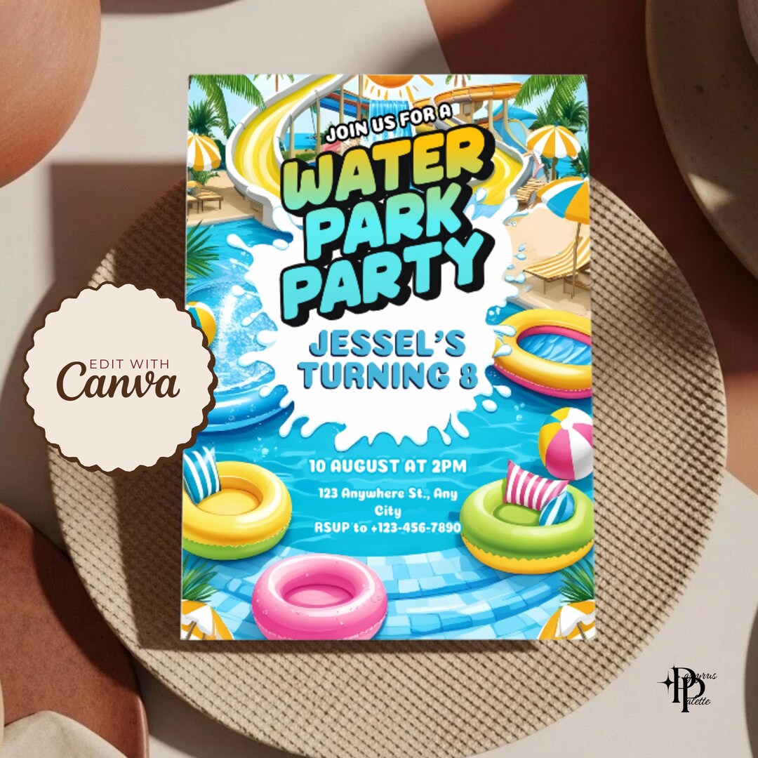 Water Park Invitation, Water Slide Party Invitation, Water Park Party ...
