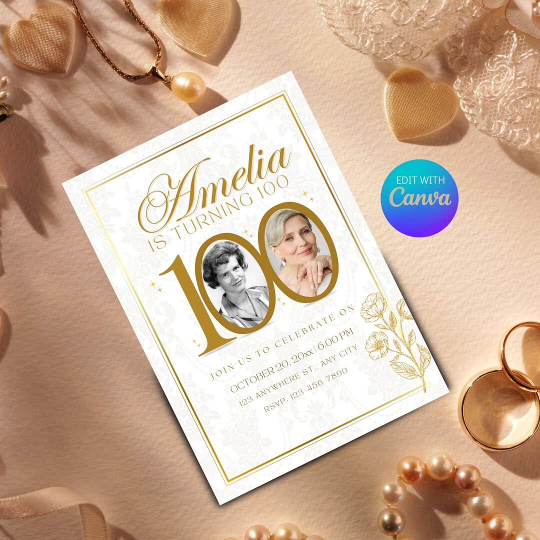 100th Birthday Invitation, Personalized Photo Invite, Gold Printable ...