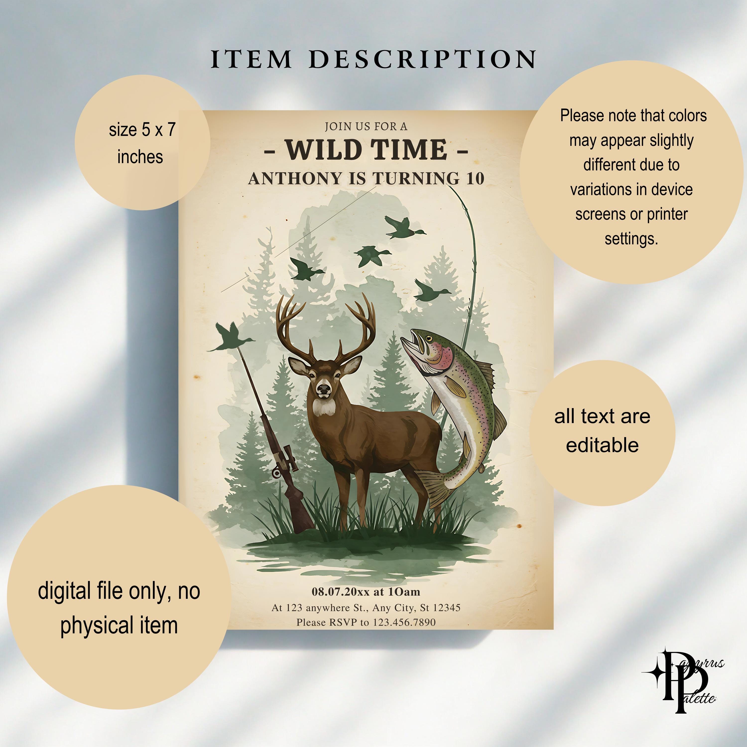 Hunting Birthday Invitation Printable, Deer & Fishing Party Invite ...