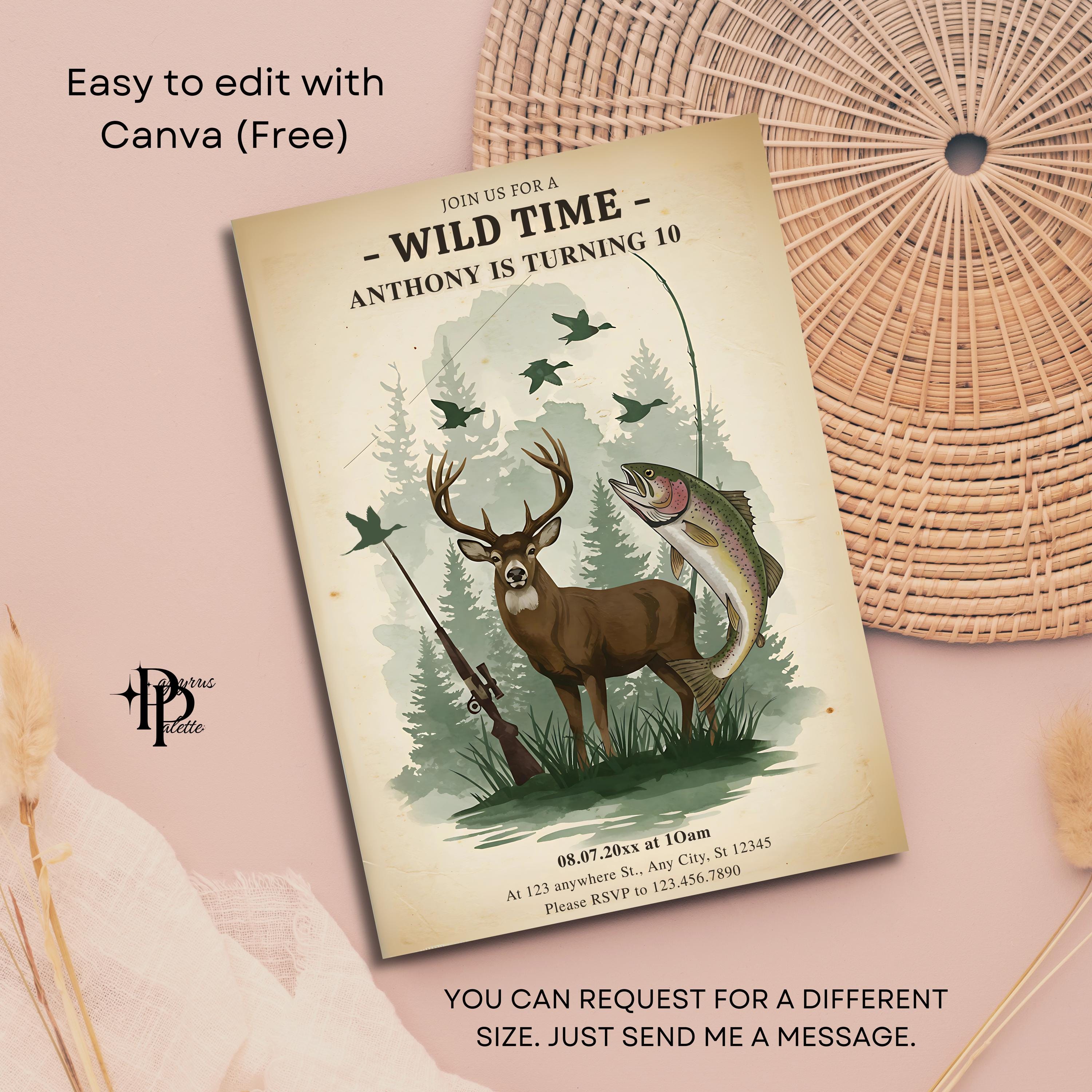 Hunting Birthday Invitation Printable, Deer & Fishing Party Invite ...