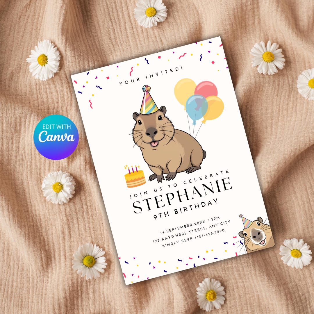 Invitación de cumpleaños de capibara: linda invitación con temática de ...
