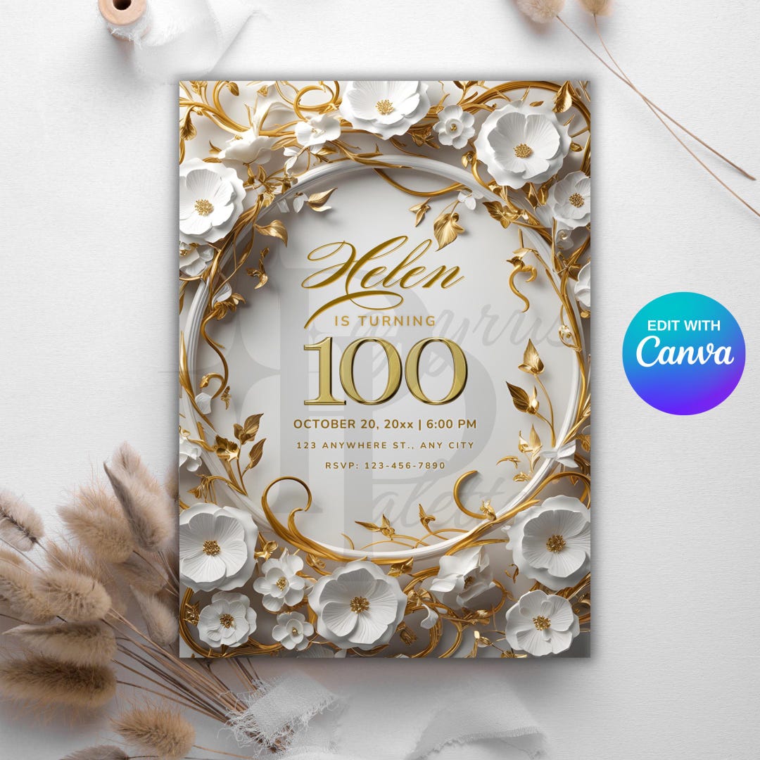 100th Birthday Invitation, Personalized Photo Invite, Gold Printable ...