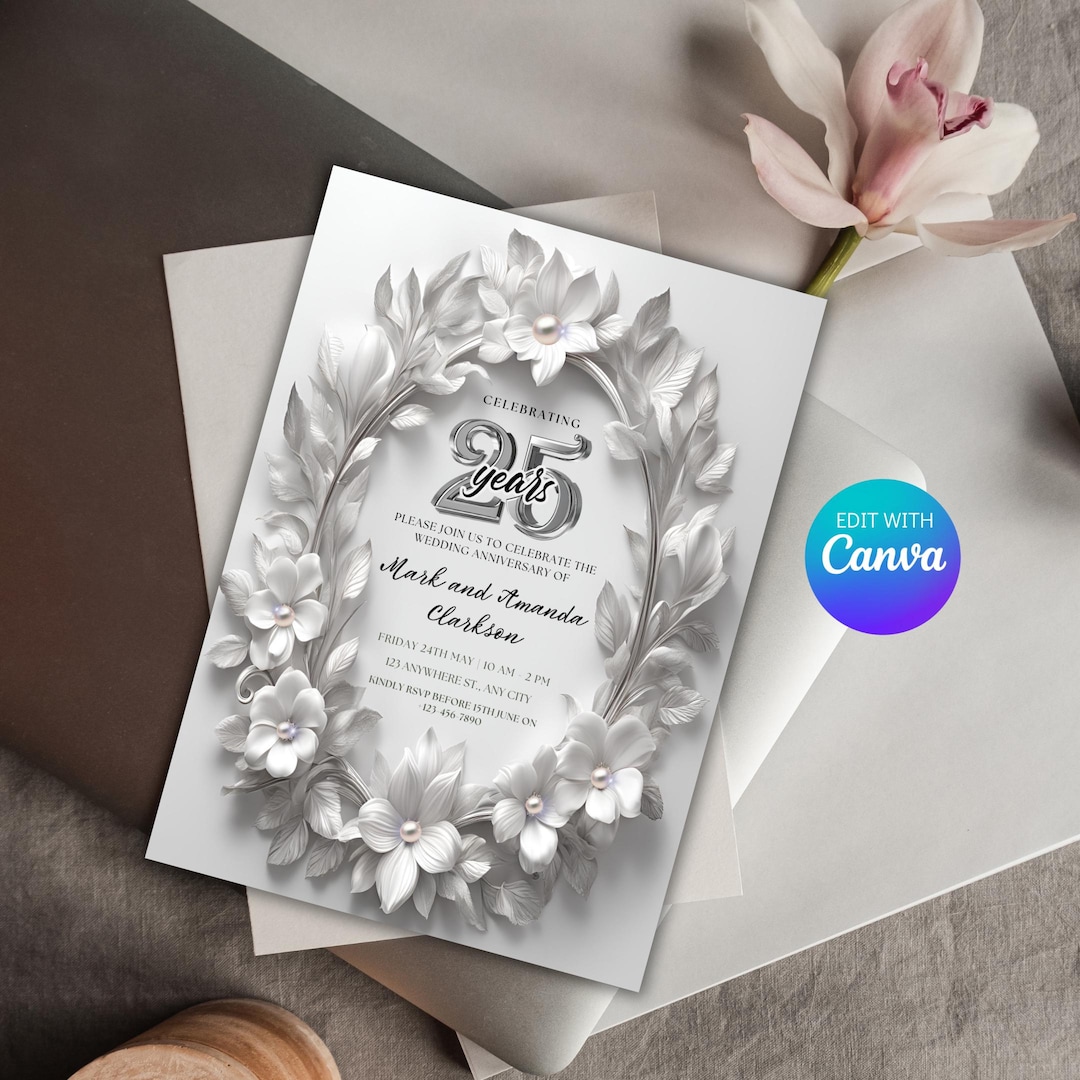 25th Wedding Anniversary Invitation - Elegant Silver Wedding Cards ...