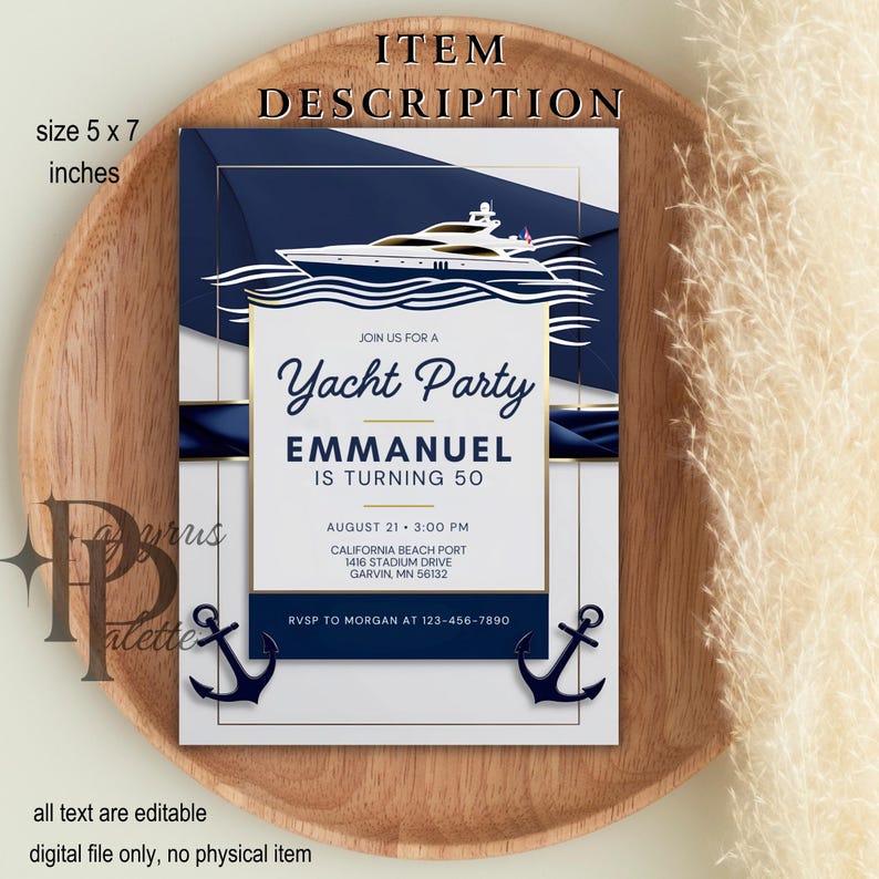Yacht Party Invite, Yacht Invitation, Boat Party Invite, Marine Themed ...