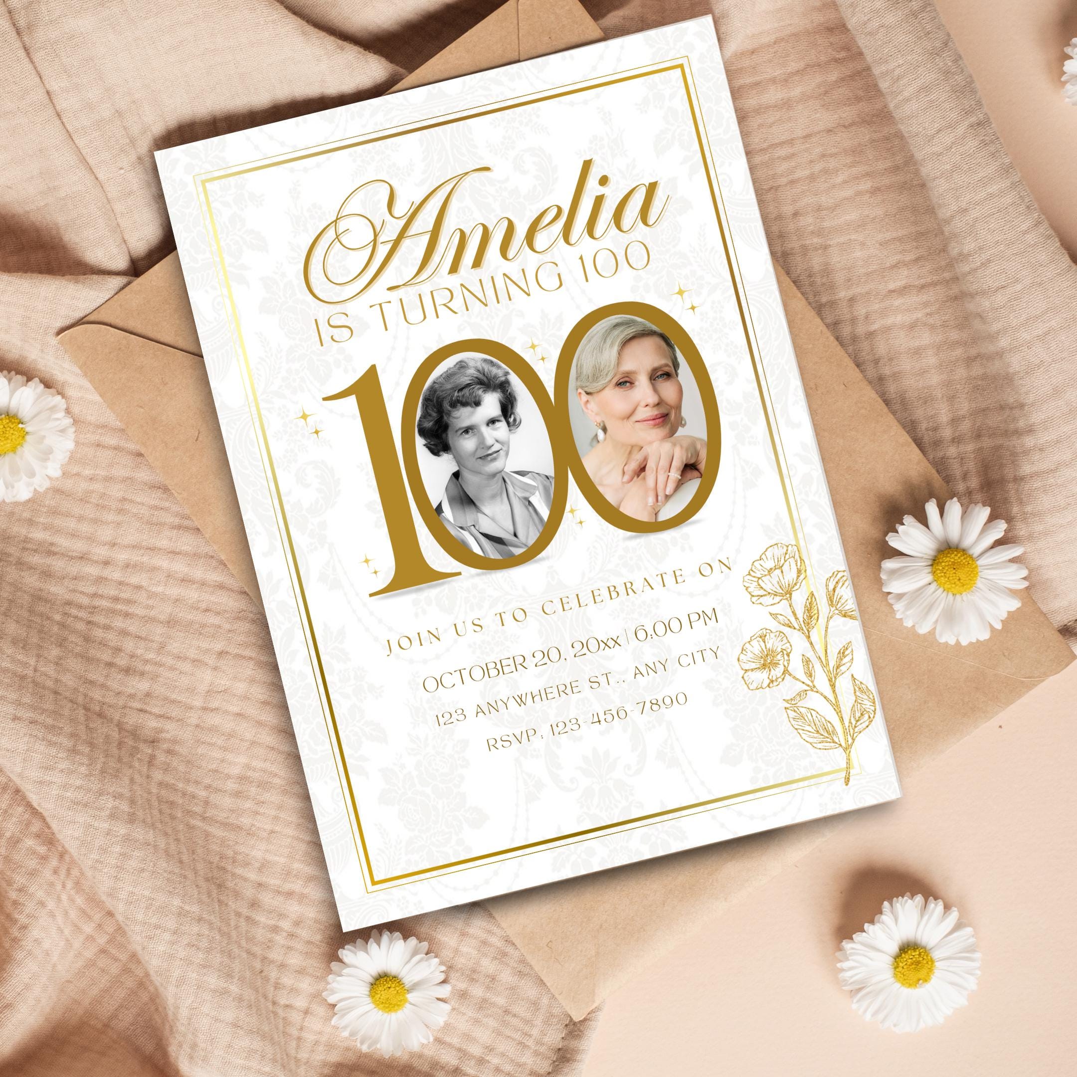 100th Birthday Invitation, Personalized Photo Invite, Gold Printable ...