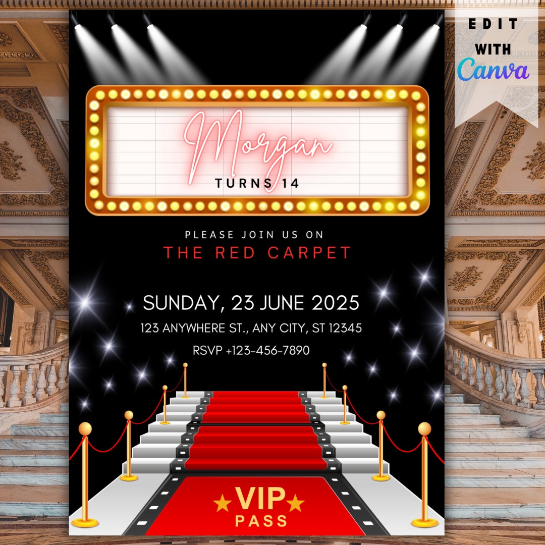 Red Carpet Invite, Red Carpet Birthday Invitation, Hollywood Theme ...