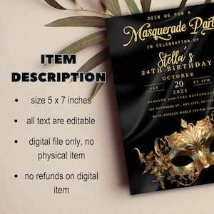 Masquerade Ball Editable Birthday Invitation Template, Printable ...