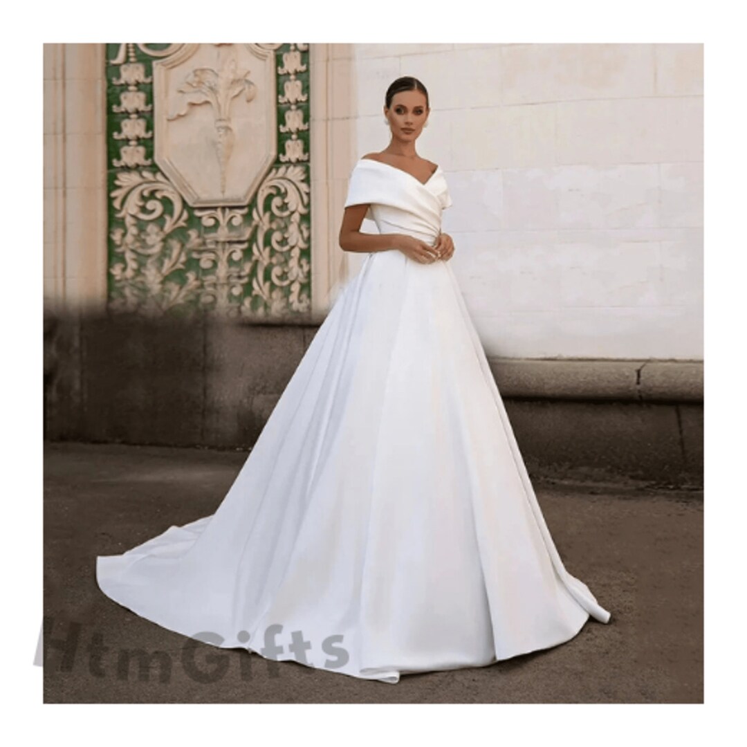 V-neck Satin A-line Wedding Dress, Elegant Off-the-shoulder Bridal Gown ...