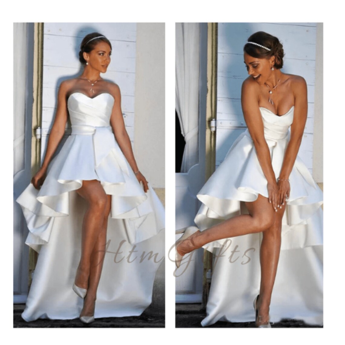 Short Front Long Back Strapless Sweetheart Brides Gowns Simple Satin ...