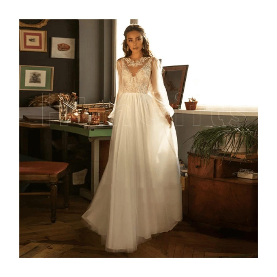Elegant Long Sleeve Tulle Princess Gowns, Mopping Length for Engagement ...