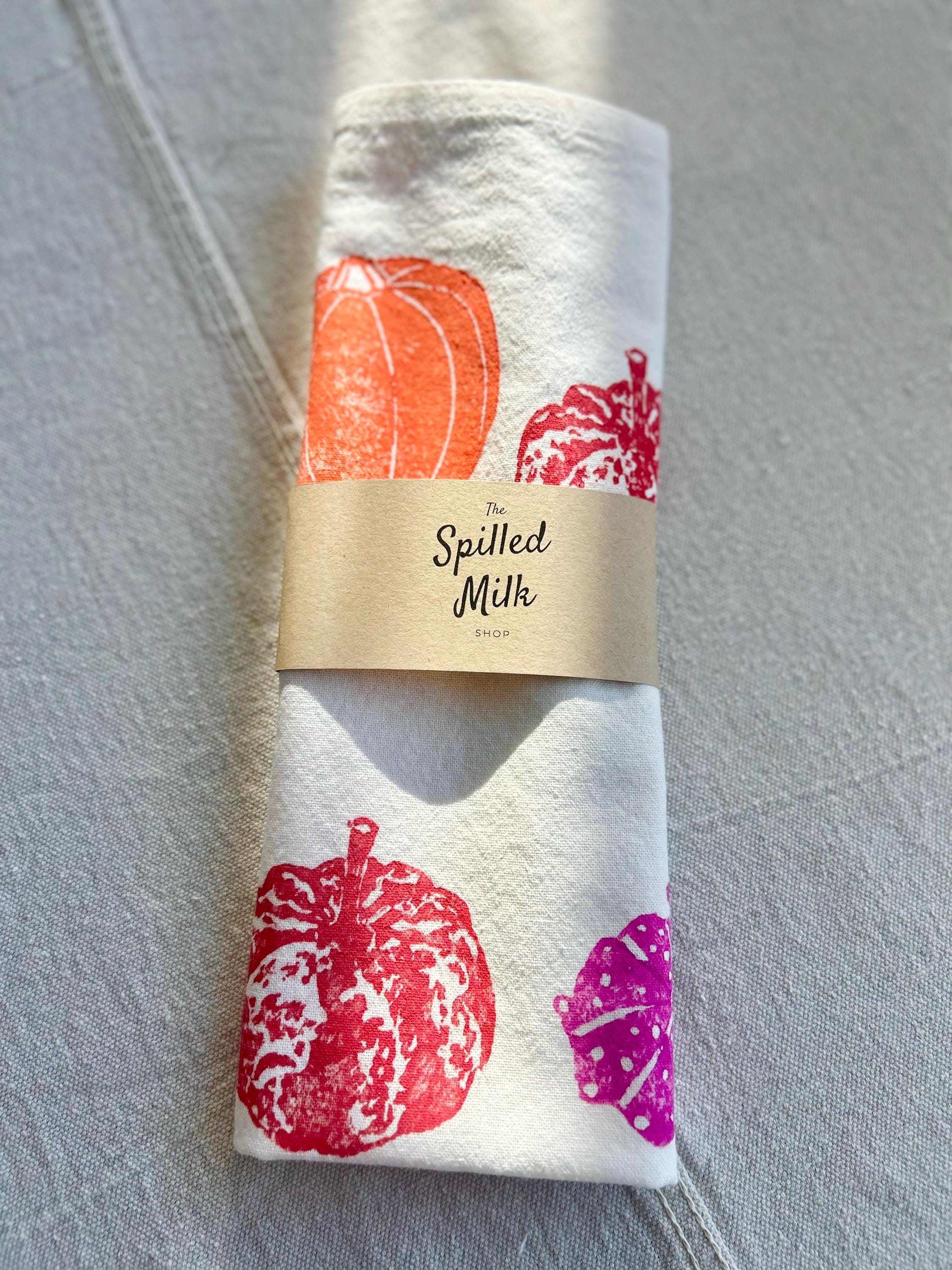Hand Block Printed Tea Towel Pumpkin Tea Towel. Pink and Orange Gourds ...