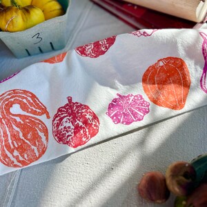 Hand Block Printed Tea Towel Pumpkin Tea Towel. Pink and Orange Gourds ...