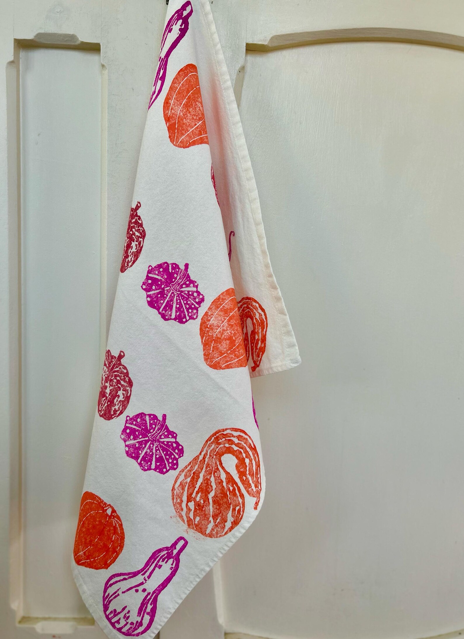 Hand Block Printed Tea Towel - Pumpkin Tea Towel. Pink and Orange ...