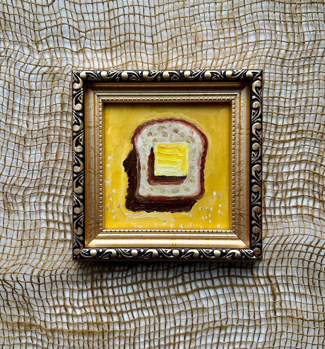Buttered Toast Oil Painting: Framed Kitchen Still Life, 4x4 in Hand ...