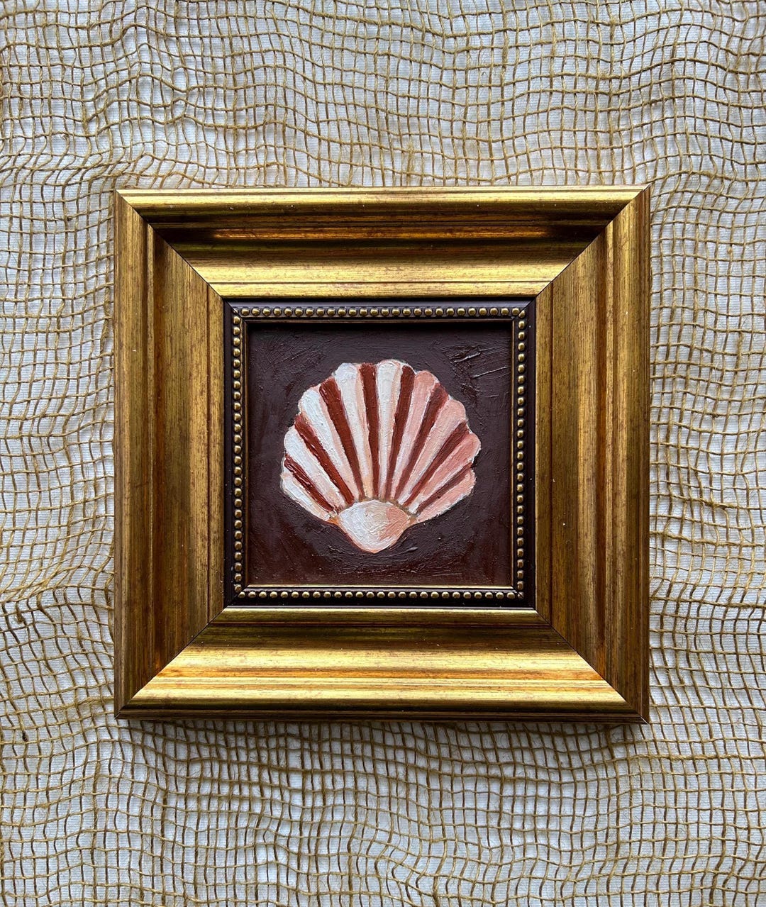 Seashell Original Oil Painting 4x4 in Mini Framed Artwork Hand- Painted ...