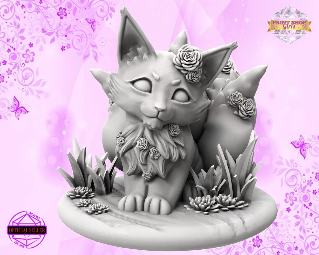 Small Kitsune With Flowers Miniature Cute Fantasy Animal Figure Special ...