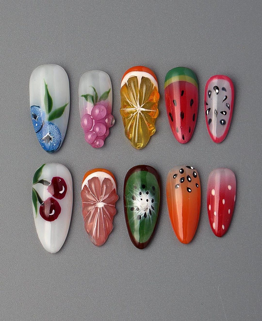 Fruit Press on Nails Short Almond, Cute/handmade/faux/false/colorful ...