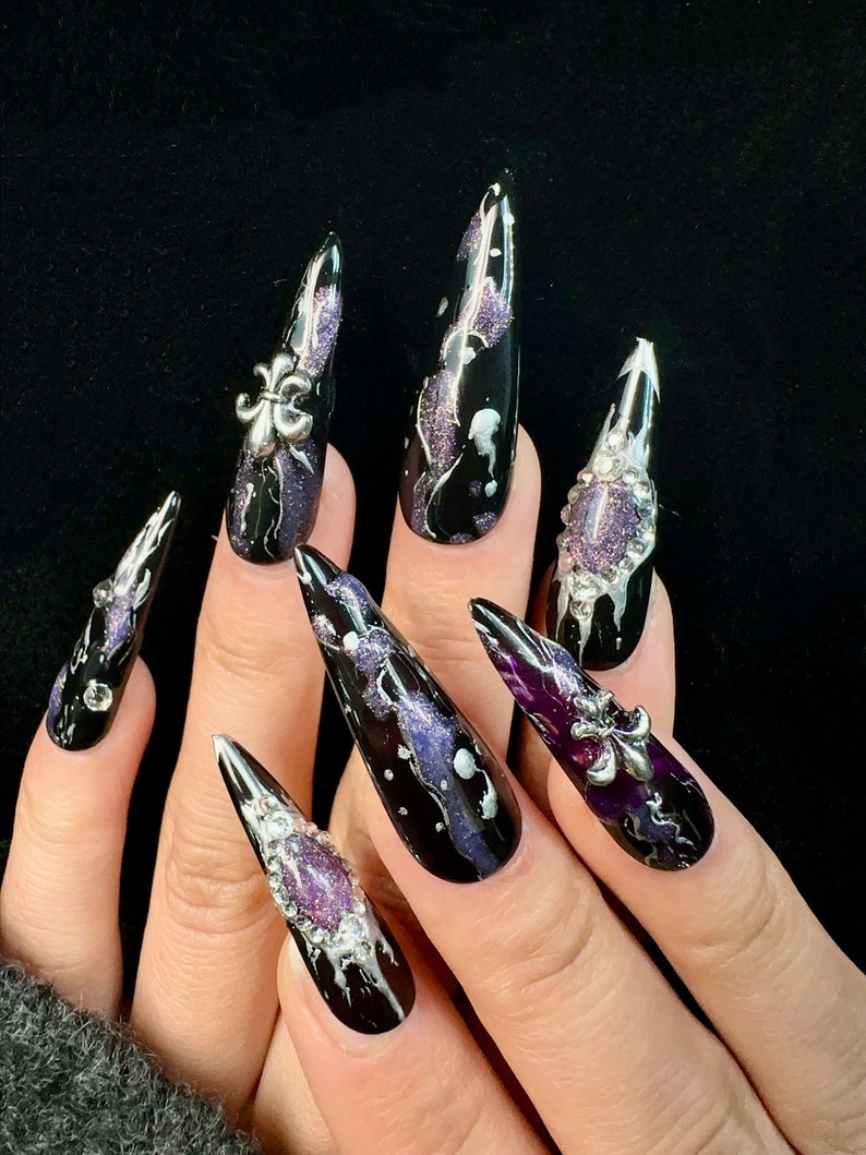 3D Metallic Silver Long Stiletto Press on Nails, Custom Long Stiletto ...
