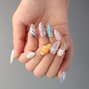 Colorful Acrylic Ocean Press on Nails Short Almond, Handmade Seaside ...
