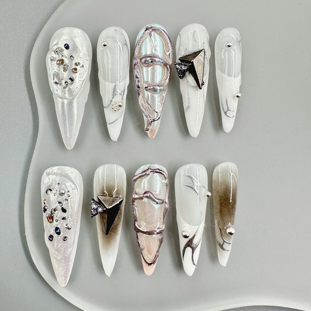 White Press on False Nails Long Natural UV Gel Glue on Fake Fingers ...