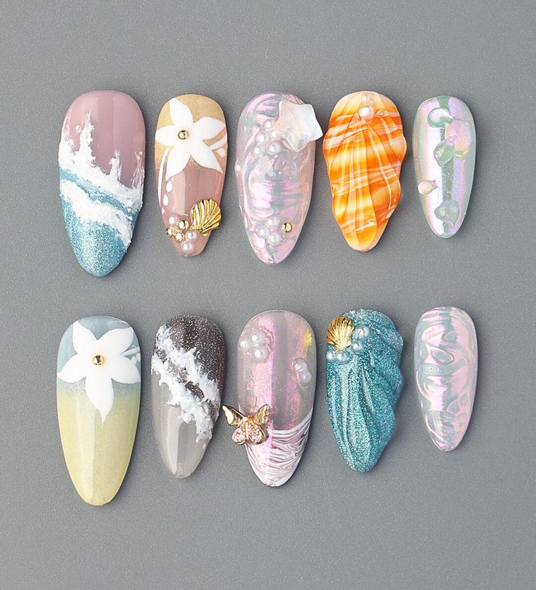 Colorful Acrylic Ocean Press on Nails Short Almond, Handmade Seaside ...