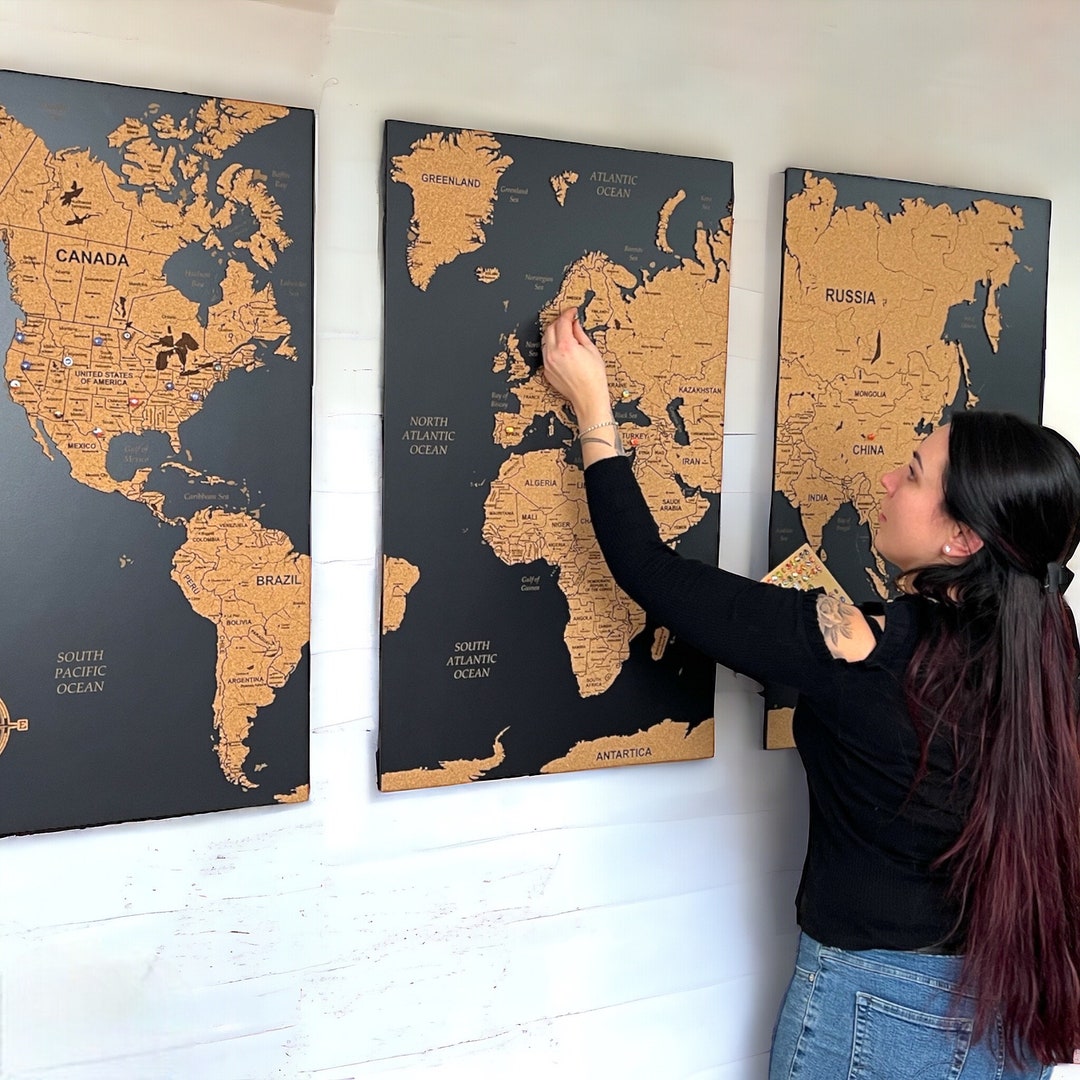 World Map Cork Push Pin Wall Art Map, Oak Wood or Cork Board Wooden ...
