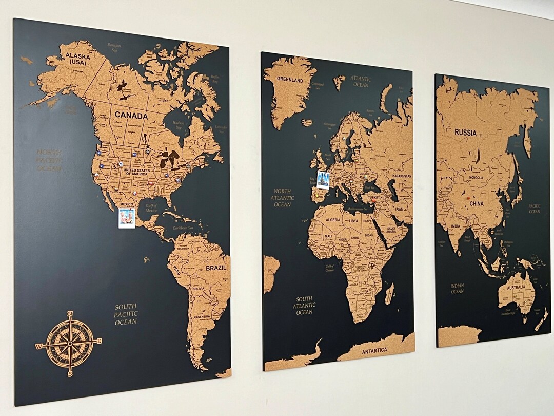 World Map Cork Push Pin Wall Art Map, Oak Wood or Cork Board Wooden ...