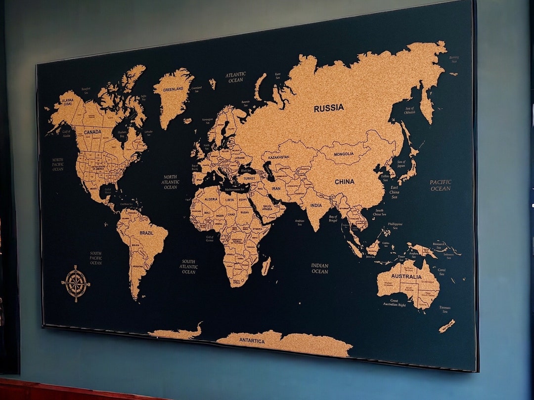 World Map Push Pin Modern Living Room Wall Art, Wooden Oak or Cork ...