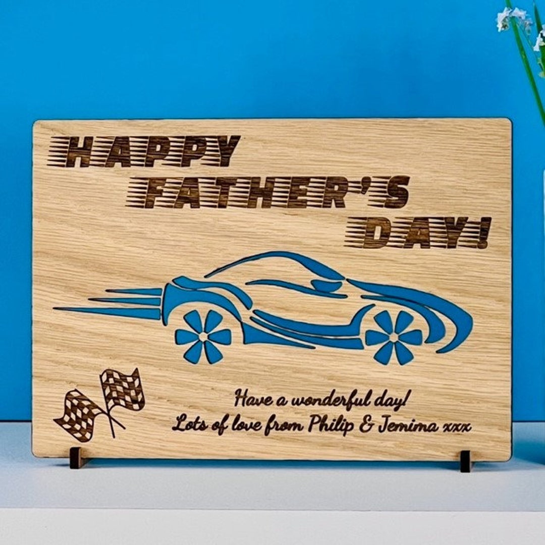 Personalised Wooden Racing Car Card - Wood Engraved for Happy Father's ...
