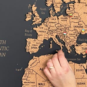 World Map Push Pin Wall Art in Cork or Oak - Detailed Office Decor With ...